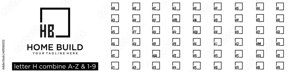 set of square logo design combined letter H with A to Z and numbers ...