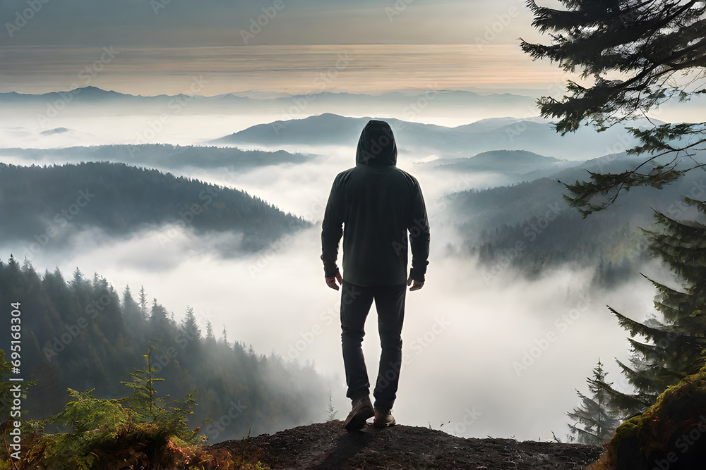 Forest, fog, mountains in the distance, man in the sport hood standing ...