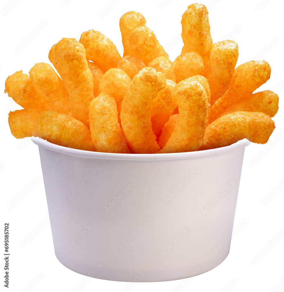 Puffed corn snacks in paper bucket isolated on white background, Puff ...