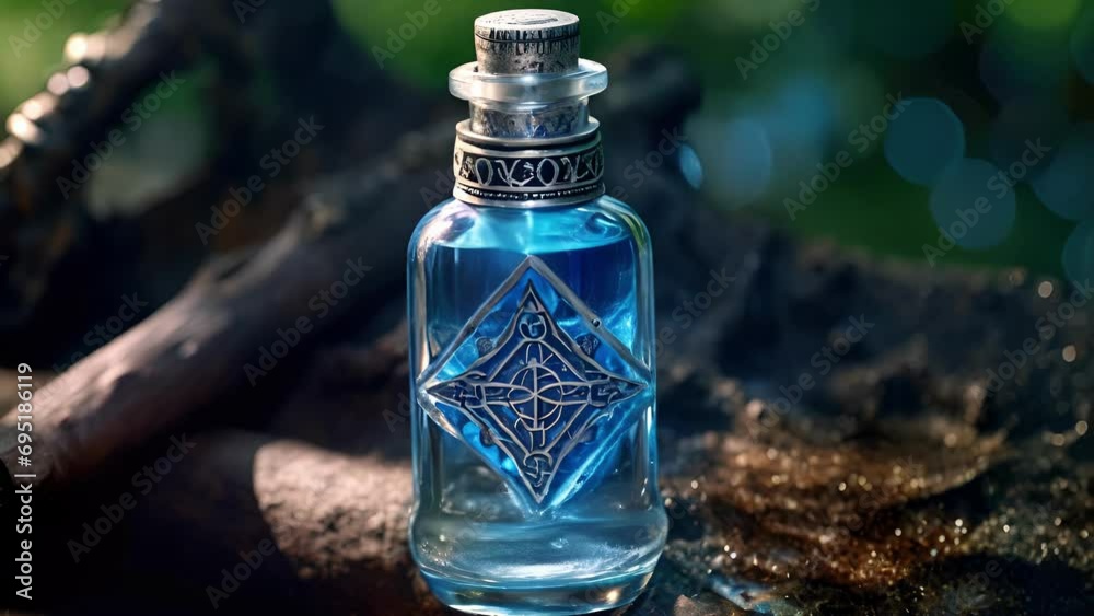 A bubbling blue liquid inside a crystal vial adorned with silver runes ...