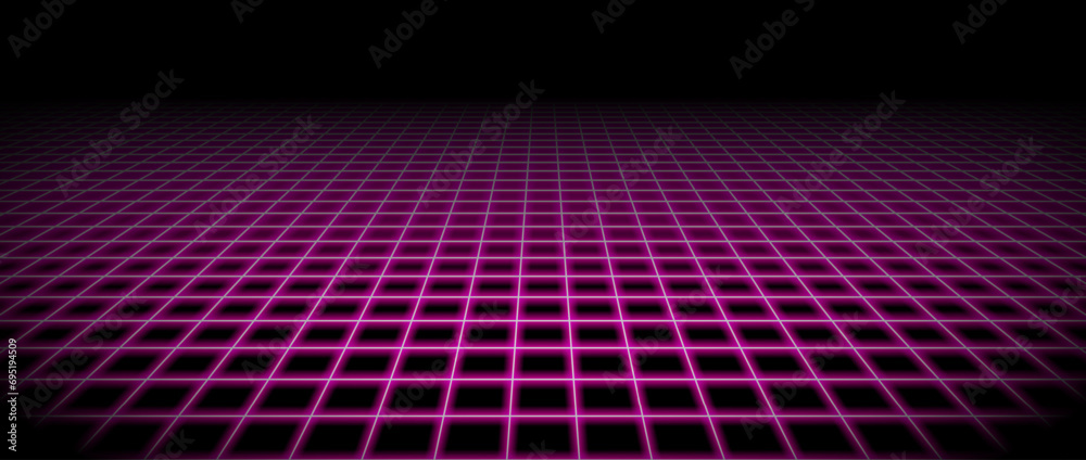 Glowing pink neon wireframe horizon background. Magenta grid room floor ...