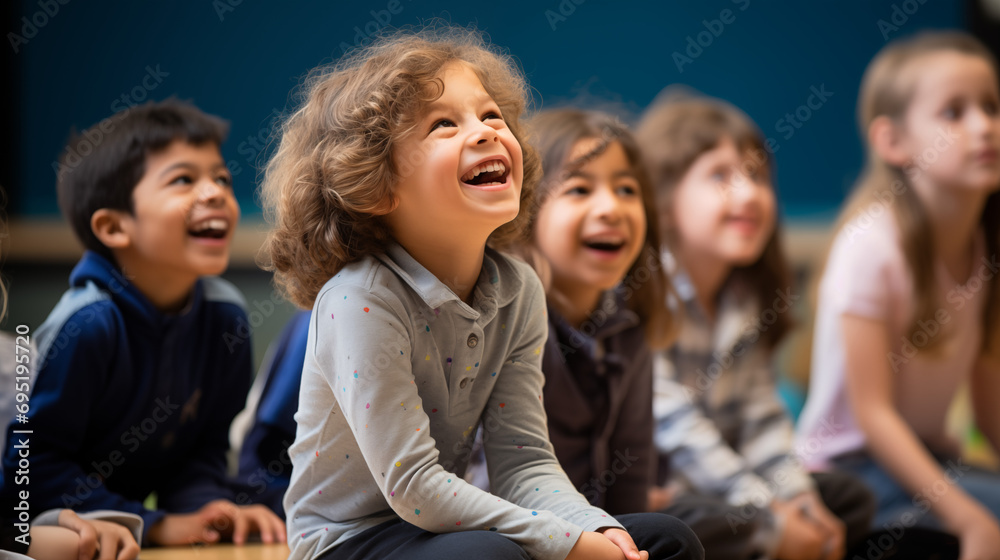 School kids learning inside a class, comfortable sitting arrangements ...