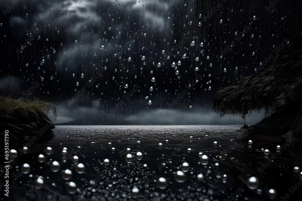 rain drop falling in the water with dark and deep clouds staring the ...