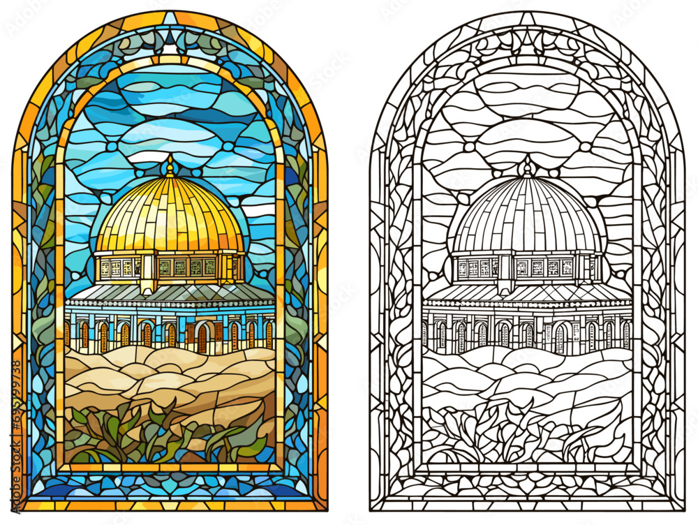 Jerusalem Temple Dome of the Rock in the Style of Stained Glass with ...