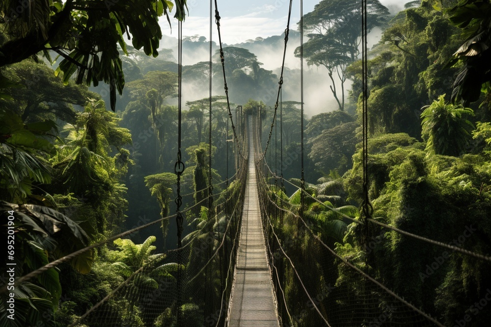 A network of suspension bridges high above a lush, tropical rainforest ...