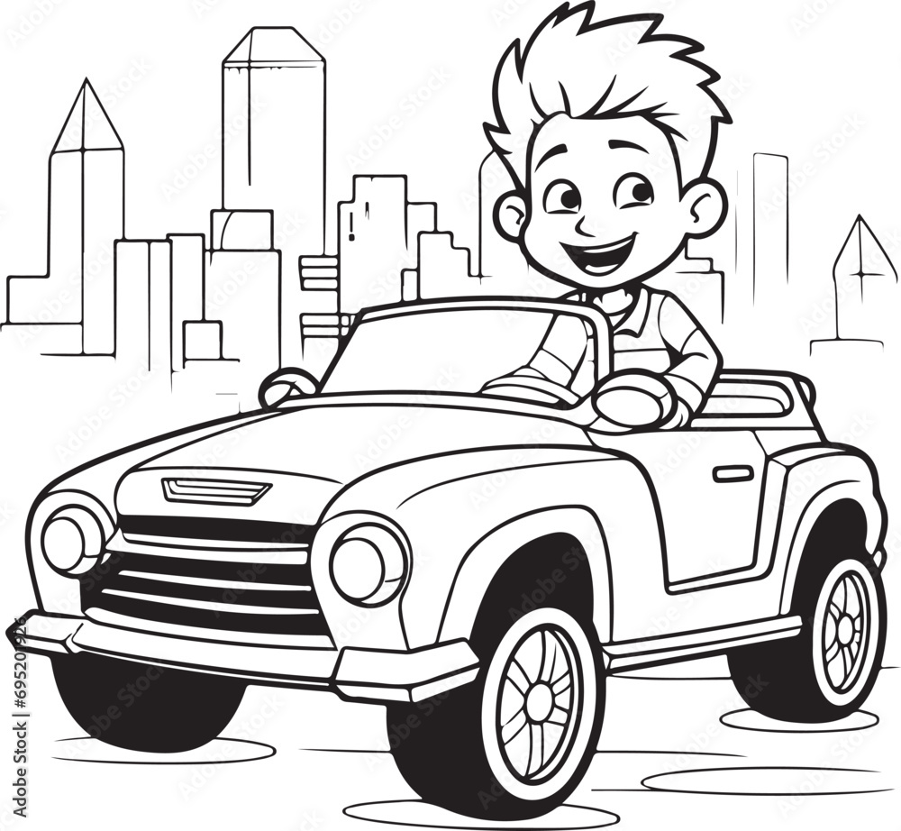 little boy driving car coloring page illustration Stock Vector | Adobe ...