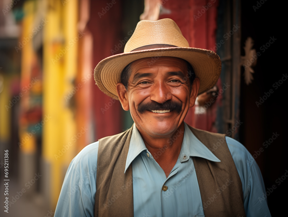 An elderly Latin American, Mexican man in the hat on the street of a ...