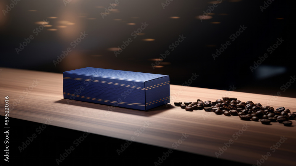 A Dark Blue coffee paper bag packaging mockup with spilled coffee beans ...