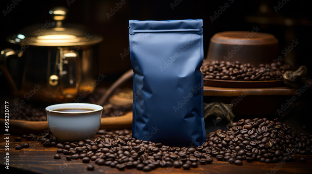 Foto de A Dark Blue coffee paper bag packaging mockup with spilled ...