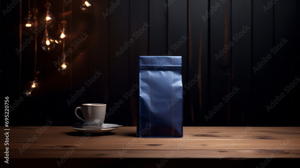 A Dark Blue coffee paper bag packaging mockup with spilled coffee beans ...