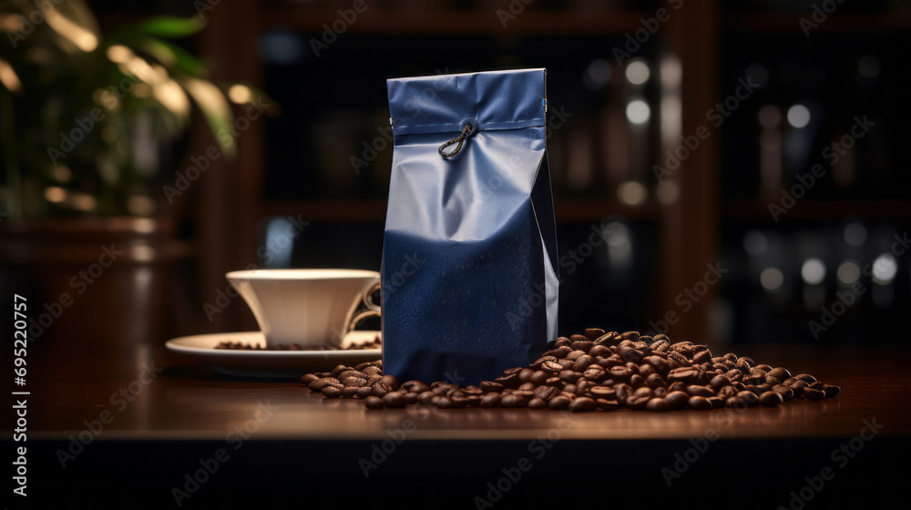 A Dark Blue coffee paper bag packaging mockup with spilled coffee beans ...