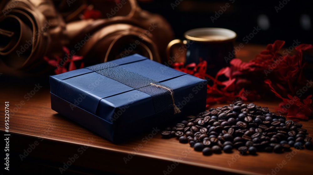 A Dark Blue coffee paper bag packaging mockup with spilled coffee beans ...