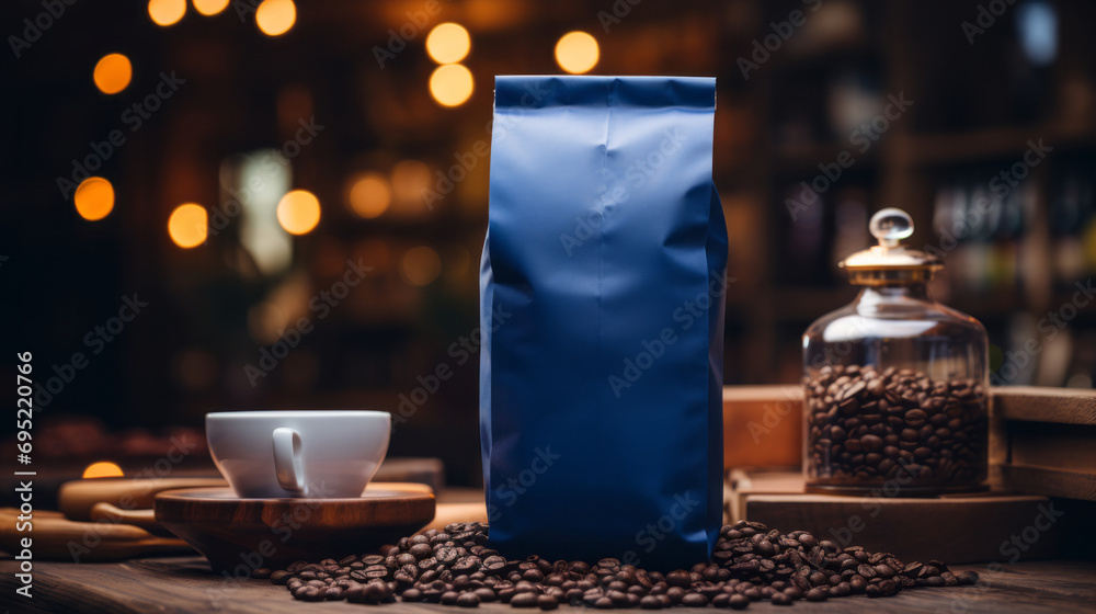 A Dark Blue coffee paper bag packaging mockup with spilled coffee beans ...