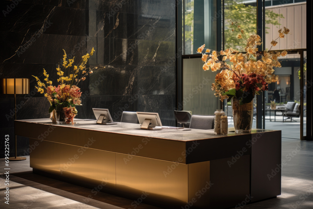 A hotel reception desk with a welcoming design, floral arrangements ...