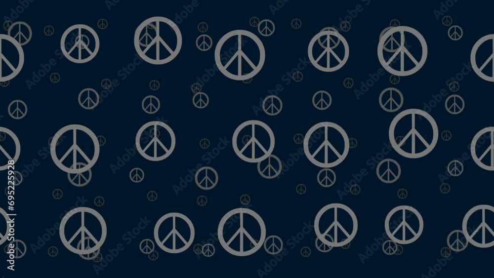 Peace symbols float horizontally from left to right. Parallax fly effect. Floating symbols are ...