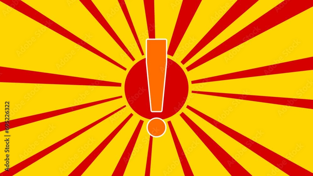 Exclamation symbol on the background of animation from moving rays of ...