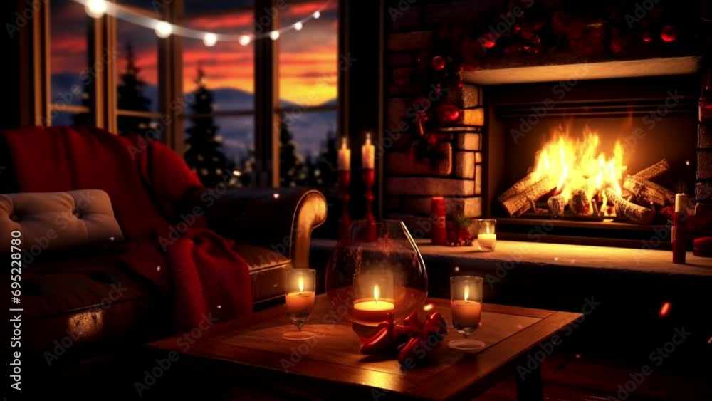fireplace with christmas decorations, loop video background animation ...