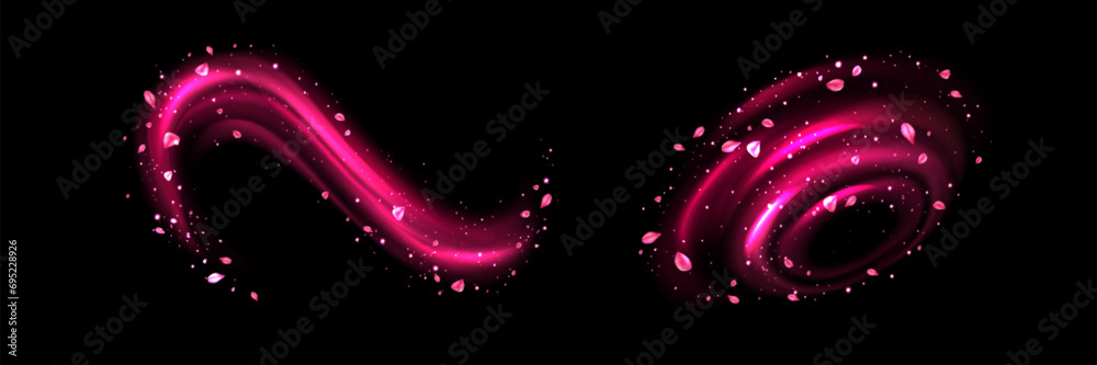 Pink light circular neon elements with swoosh effect and flower petals ...