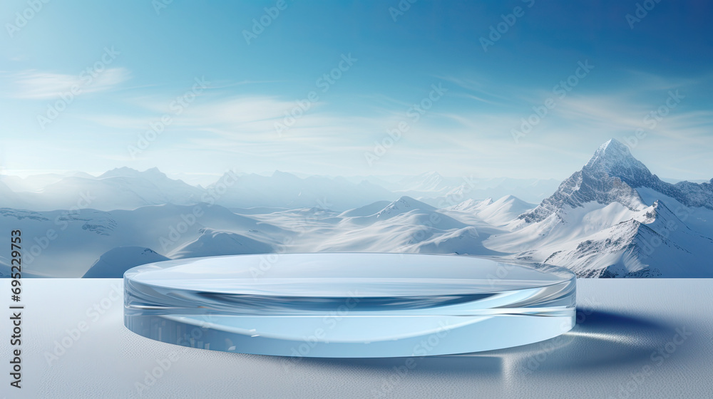 transparent Glass round podium with snow mountain, winter podium stage ...