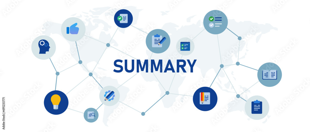 Summary resume recap concept banner header connected icon set symbol ...