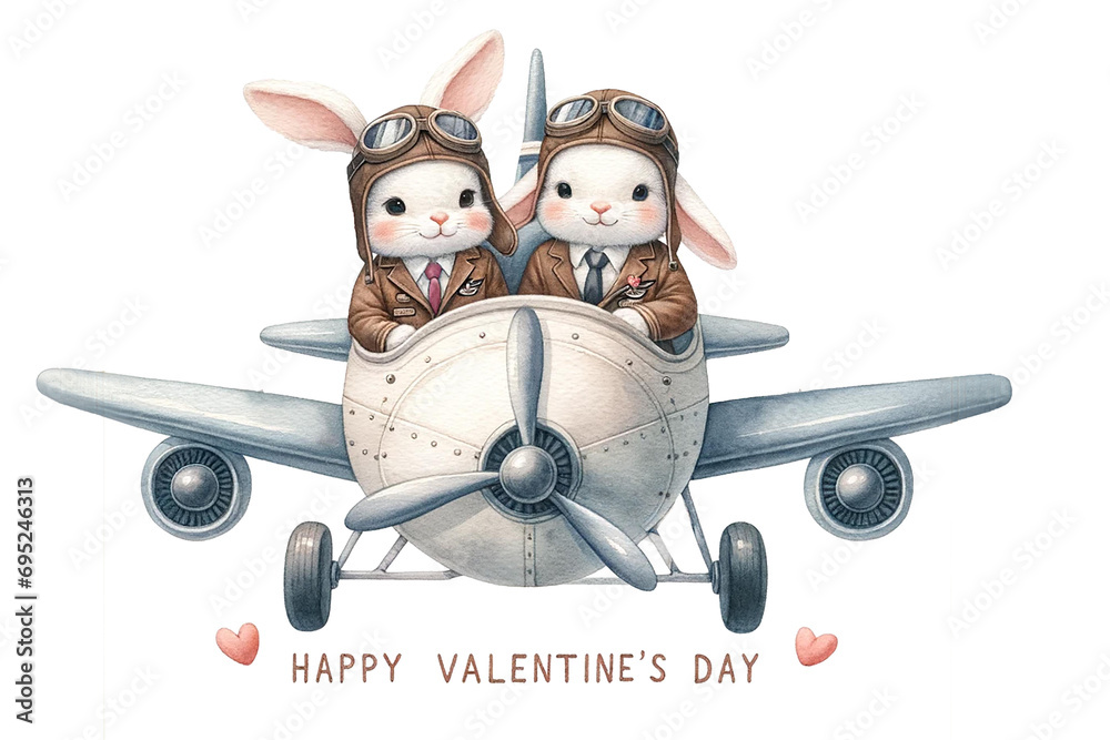 Couple bunny wear pilot suit and pilot goggles in airplane watercolor ...