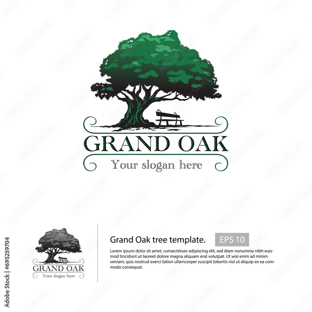 Grand Oak logo template, with an silhouette of park benches and oak ...