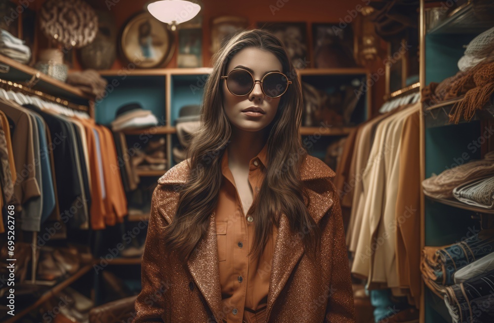 Elegant girl with sunglasses in thrift shop. Classy lady shopping in ...