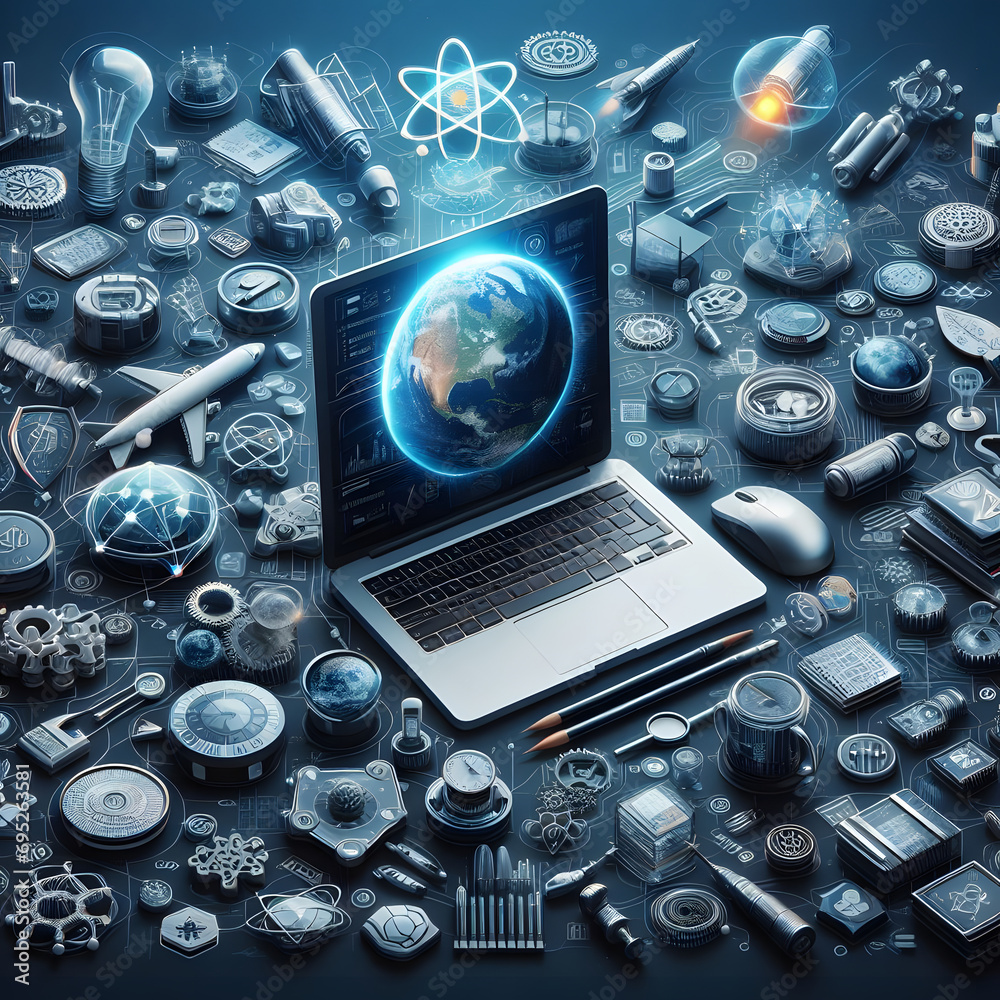 A collage integrating symbols of science and technology, showcasing the ...
