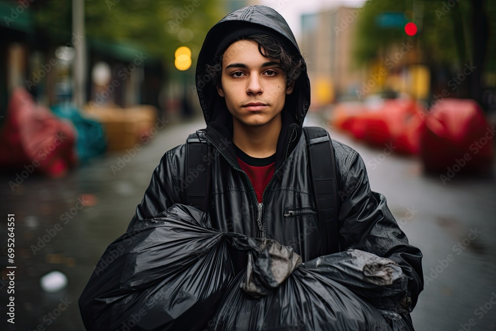 A depressed teenage boy walking alone on the street surrounded by ...