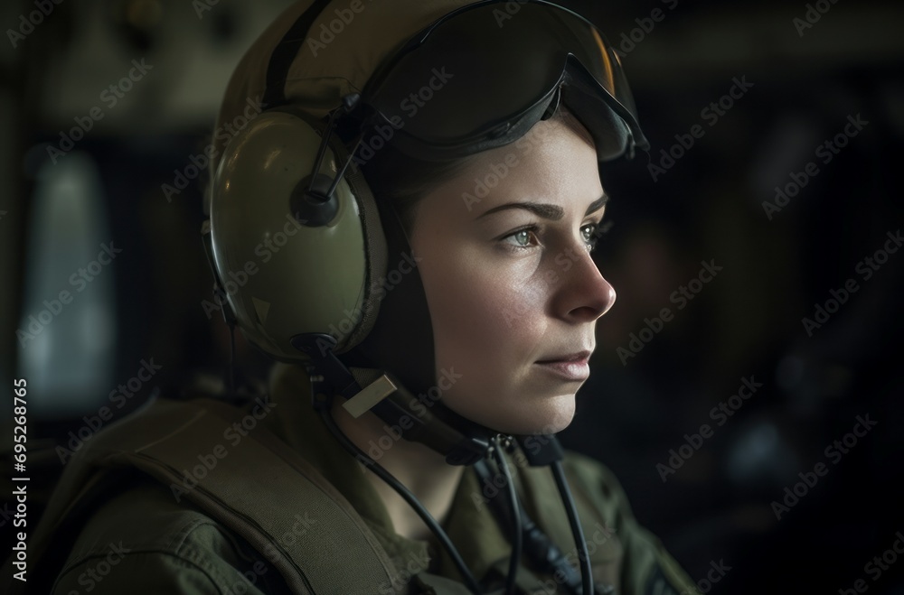 Female fighter pilot. Woman in military flying helmet and goggles ...