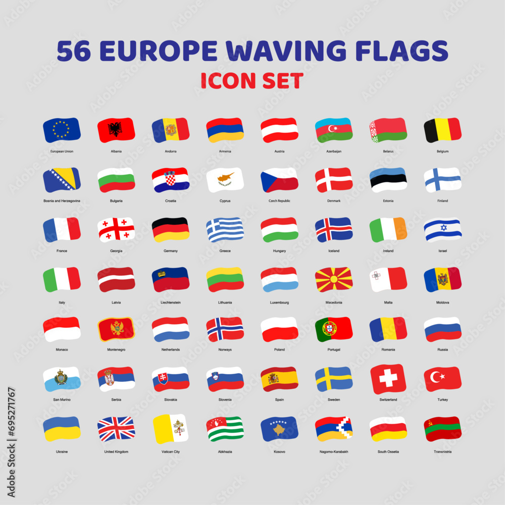 Europe national waving flags. Official Europe country signs with names ...