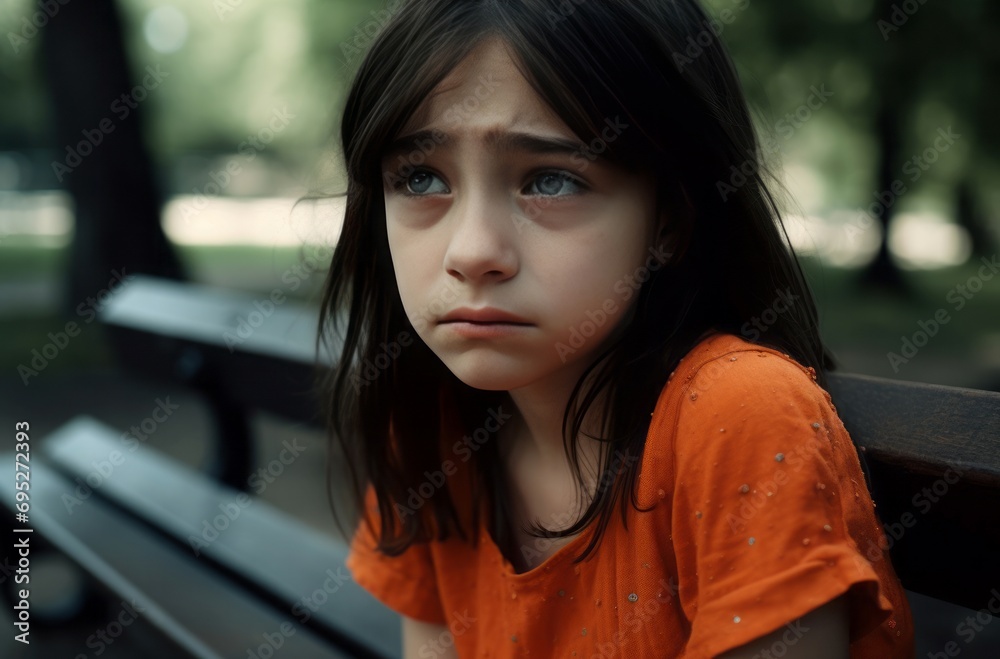 Sad girl with fair skin. Little girl sitting on outdoor park bench ...