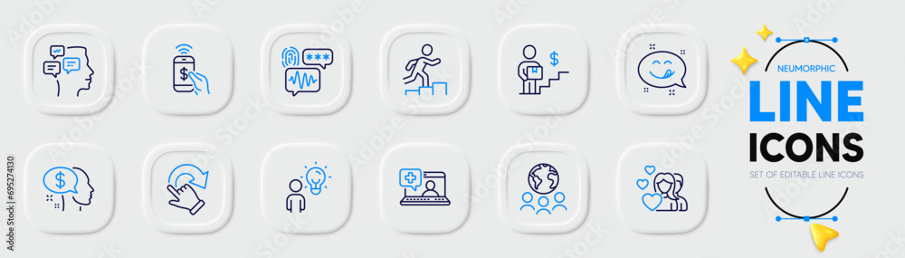 Pay, Medical help and Couple line icons for web app. Pack of Rotation gesture, Yummy smile ...