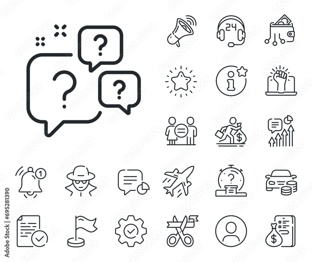 Ask help sign. Salaryman, gender equality and alert bell outline icons ...