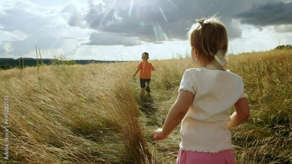 Happy children playing in a field outdoors. Children's games and ...