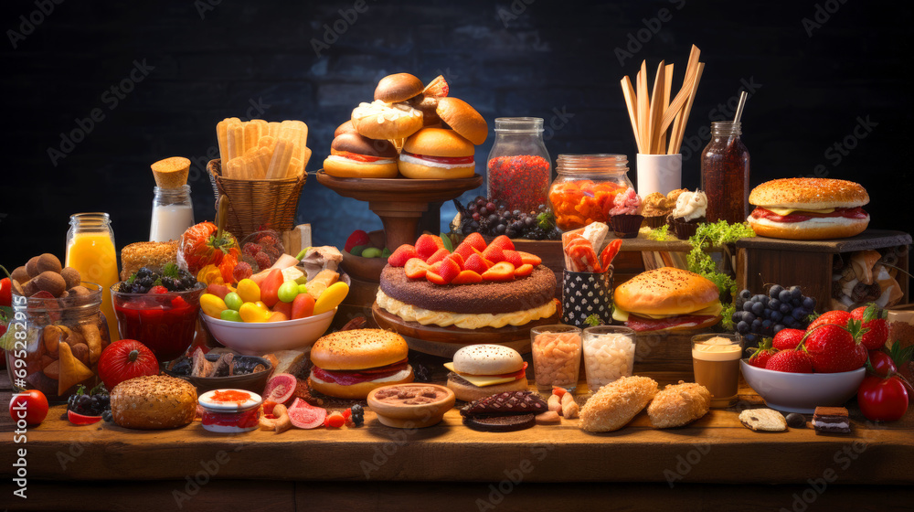 Cakes and food table. Burger fries and vegetables. Salad and dressings ...