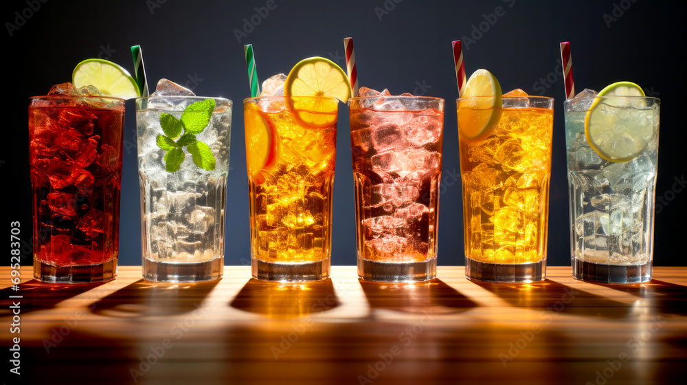 Drinks in the bar. Mocktails and Mojito. Colorful drinks on a tabletop ...