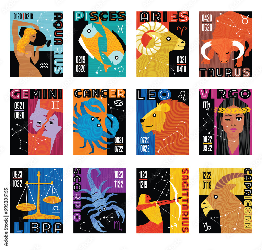 Illustrated set of the 12 astrological signs of the Zodiac. For posters ...