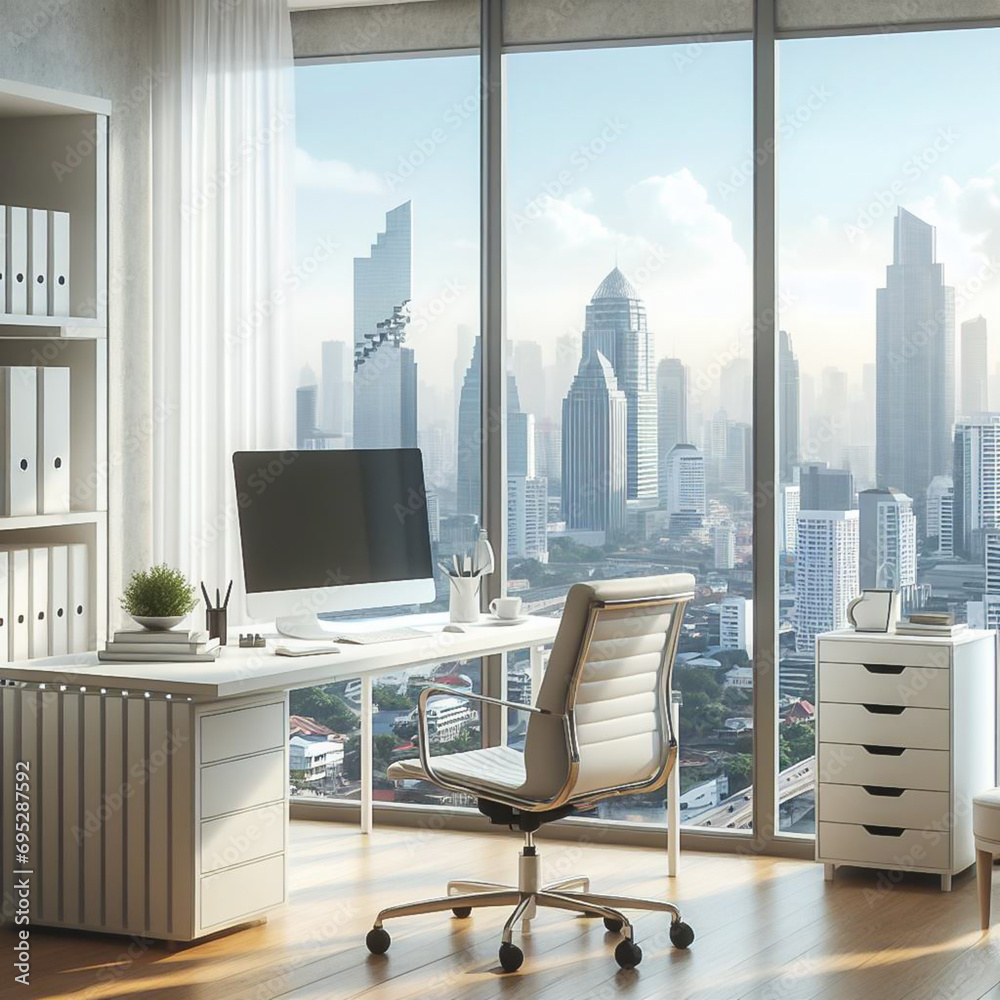 Computer on a desk in a high-rise office with a view of the city Stock ...