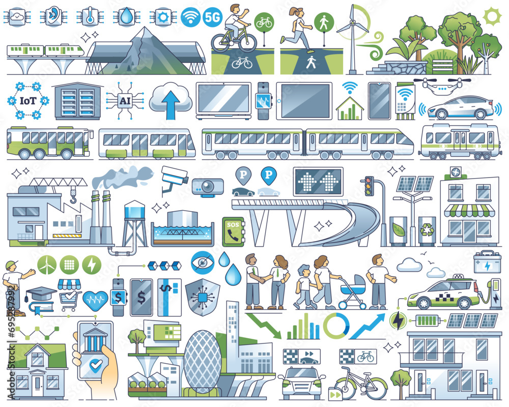 Smart cities with environmental and green living outline collection set ...