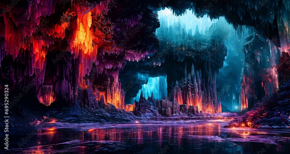 Fantastic cave with glowing red and icy blue stalactites reflected in ...