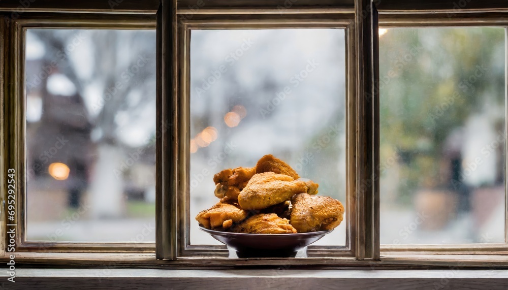 Copy Space image through the window of Fried Breaded chicken tender ...