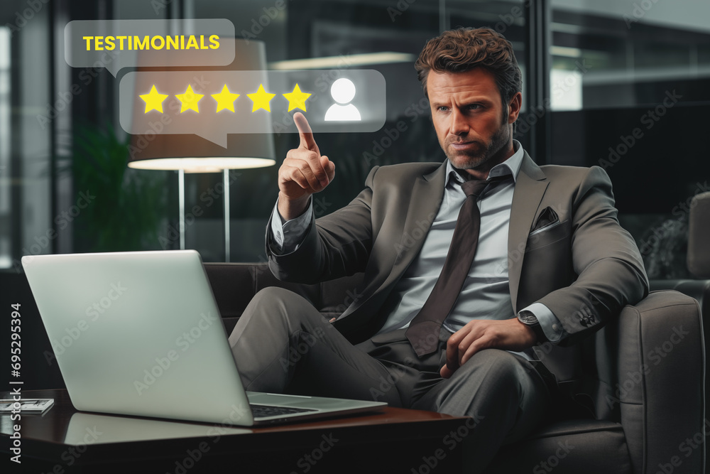 Testimonial banner, 5 star rating, Businessman pointing hand towards ...