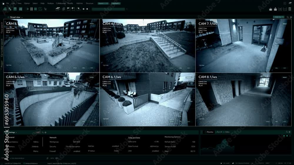 Surveillance CCTV Camera, Multiple Screens Show Secure Outside ...