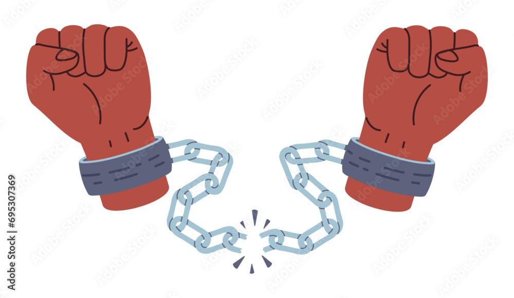 Hands in shackles breaking chains, vector illustration isolated on ...
