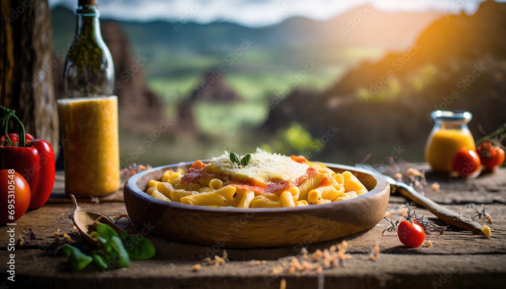 Copy Space image of Mac and cheese american macaroni pasta with cheesy ...
