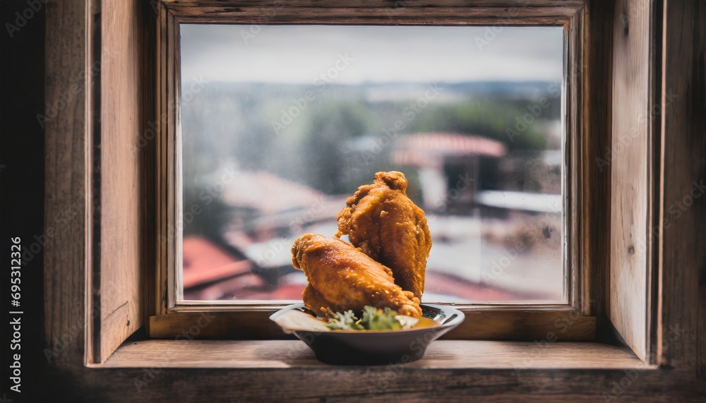 Copy Space image through the window of Fried Breaded chicken tender ...