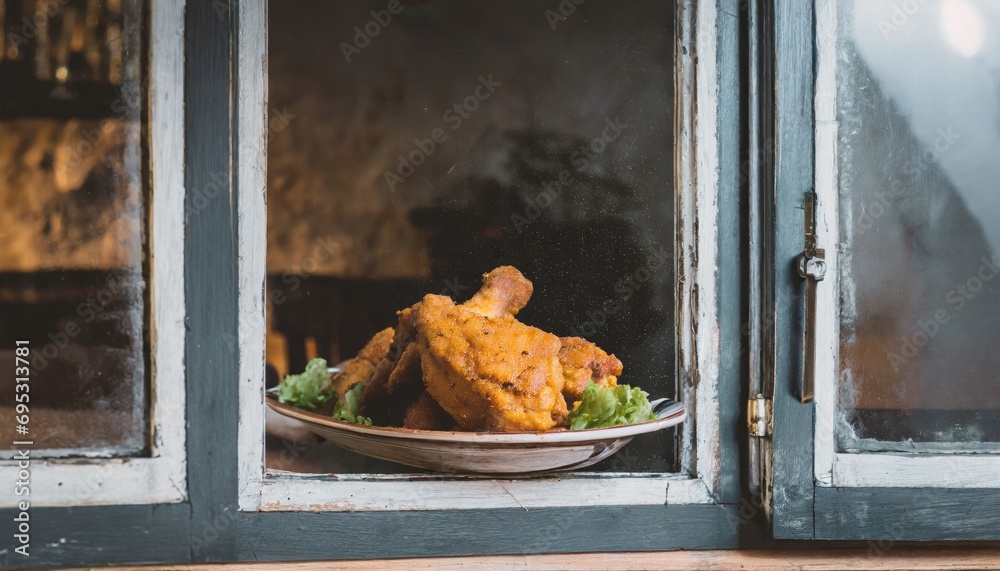 Copy Space image through the window of Fried Breaded chicken tender ...
