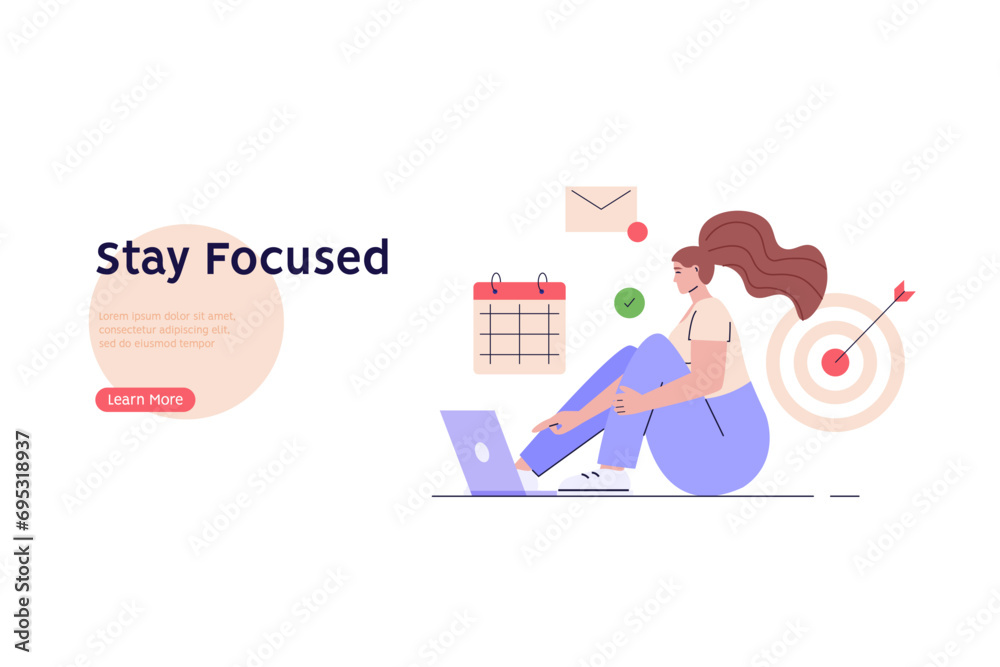 Vecteur Stock Stay focused concept. Woman working with aim, schedule and new letter. Work in ...