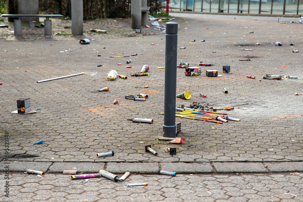 Fireworks rocket launcher box trash remains on german city street after ...